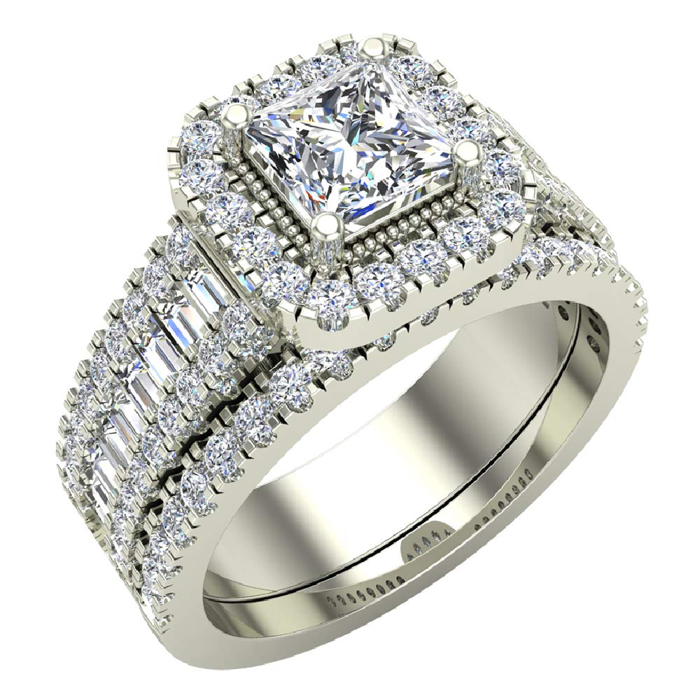 14K Solid White Gold Princess Cushion Halo Diamond Wedding Ring Set (RS 5.5) (G,I1)