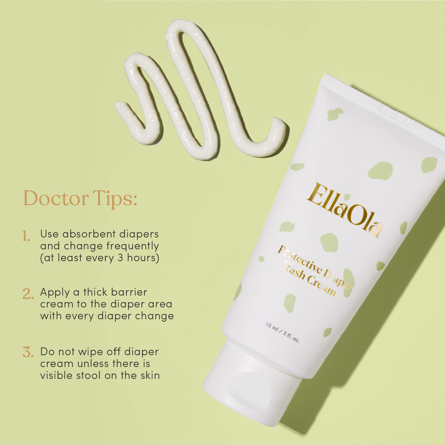 EllaOla Organic Protective Baby Diaper Rash Cream for Sensitive Skin - 14% Zinc Oxide Rash Ointment Cream Soothes Irritation, Protects from Chafing and Inflammation, Fragrance Free | 3 fl. oz.
