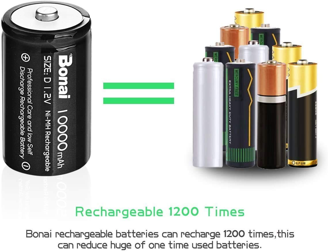 BONAI Rechargeable C Batteries 5000mAh 4-Counts with LCD Battery Charger for C D AA AAA 9V Ni-MH Ni-CD Batteries with D Cells 10,000mAh 1.2V Ni-MH High Capacity High Rate Battery 4 Pack