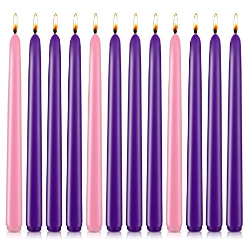 Kingyo 12 Pack Christmas Advent Candles, 10" Unscented and Dripless Taper Candles - 9 Purple and 3 Pink