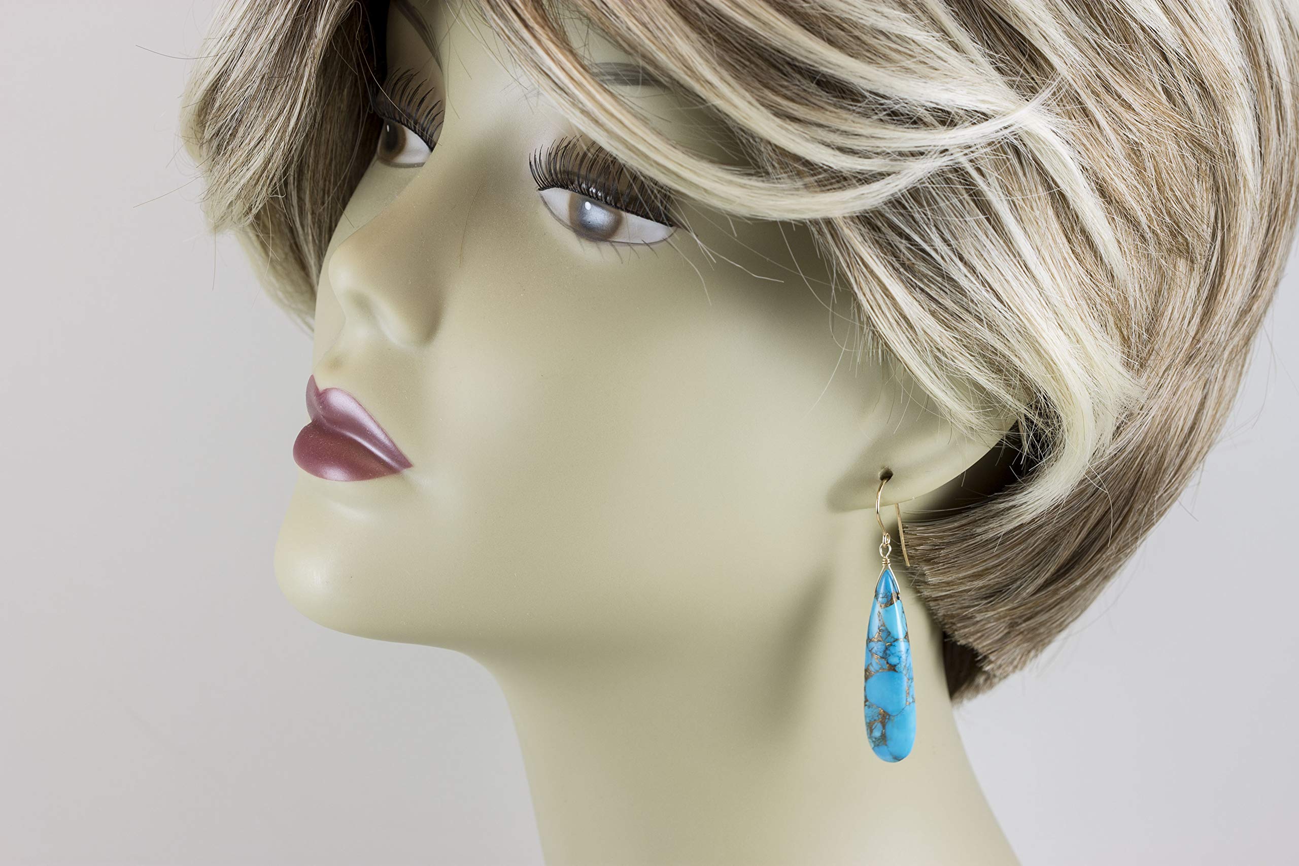 14K Yellow Gold Blue Turquoise 2-1.4" Earrings with Coppery Mosaic Veining Long Large Simple Dangle Drops