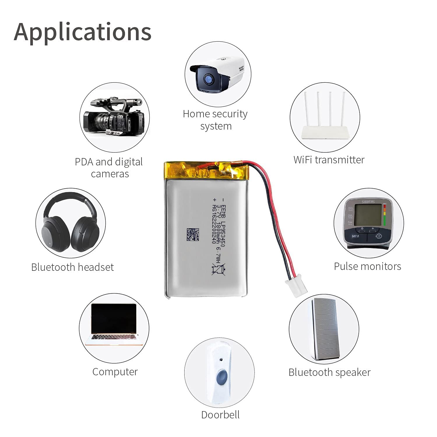 EEMB Lithium Polymer Battery 3.7V 1800mAh 963450 Lipo Rechargeable Battery Pack with Wire JST Connector for Speaker and Wireless Device- Confirm Device & Connector Polarity Before Purchase(1)