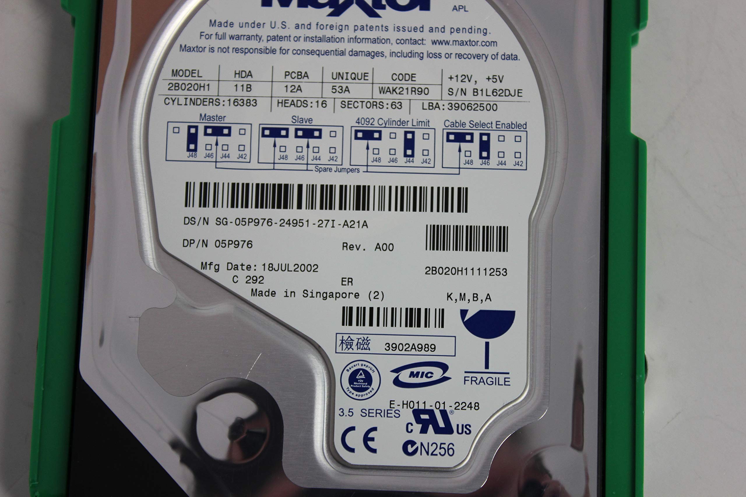 5P976 DELL 20GB 5400RPM 3.5INCH HARD DRIVE