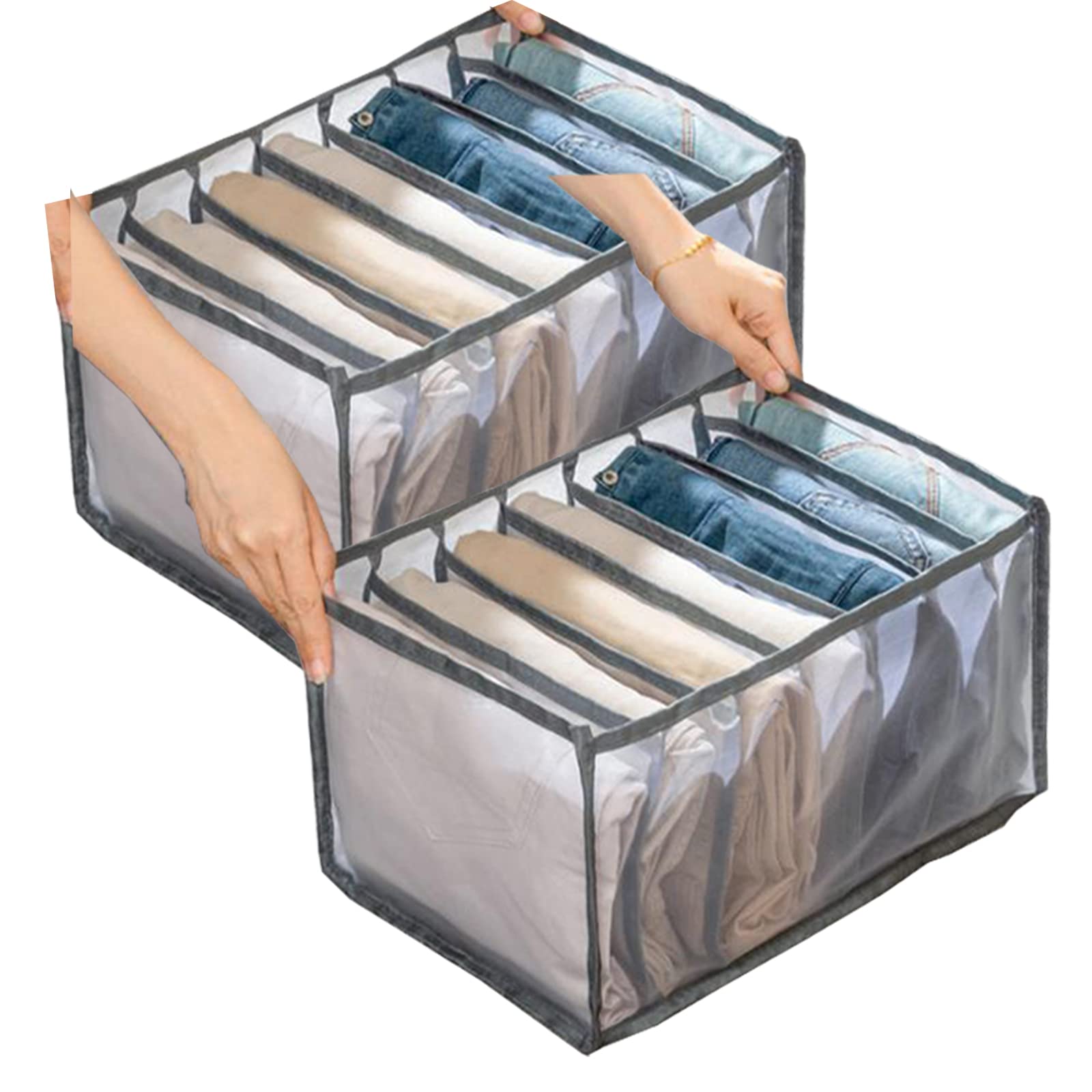 2pcs Wardrobe Clothes Organizer Foldable Transparent Grid Storage Box with Multiple Layers, Portable Washable Storage Containers for Underwear, Socks, Leggings, Skirts, T-shirts, Jeans (GRAY, Medium)