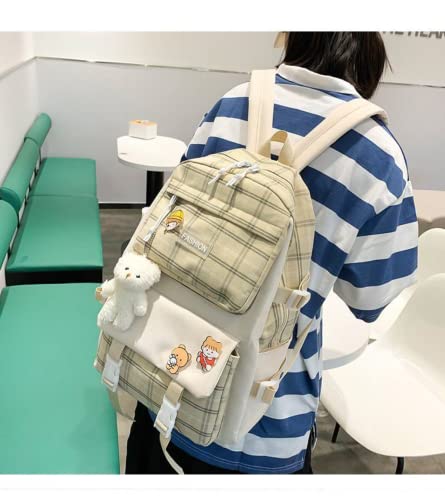 5Pcs Canvas Kawaii Backpack Combo Set with Cute Bear Pendant Pins Plaid Check Handle Shoulder Tote Daypack Bag Kit (Khaki)