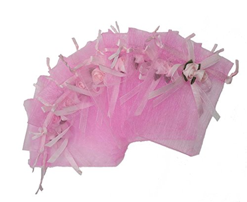 Ankirol 50pcs Sheer Organza Favor Bags for Wedding 3.8x4.8'' Gift Bags Samples Display Drawstring Rose Pouches (Pink)