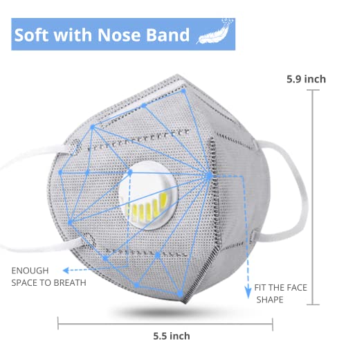 Face Mask with Breathing-Valve 5 Pack | Breathable Grey Face Mask for Women and Men Anti-irritant | Sports Face Masks Lightweight & Comfortable on Skin