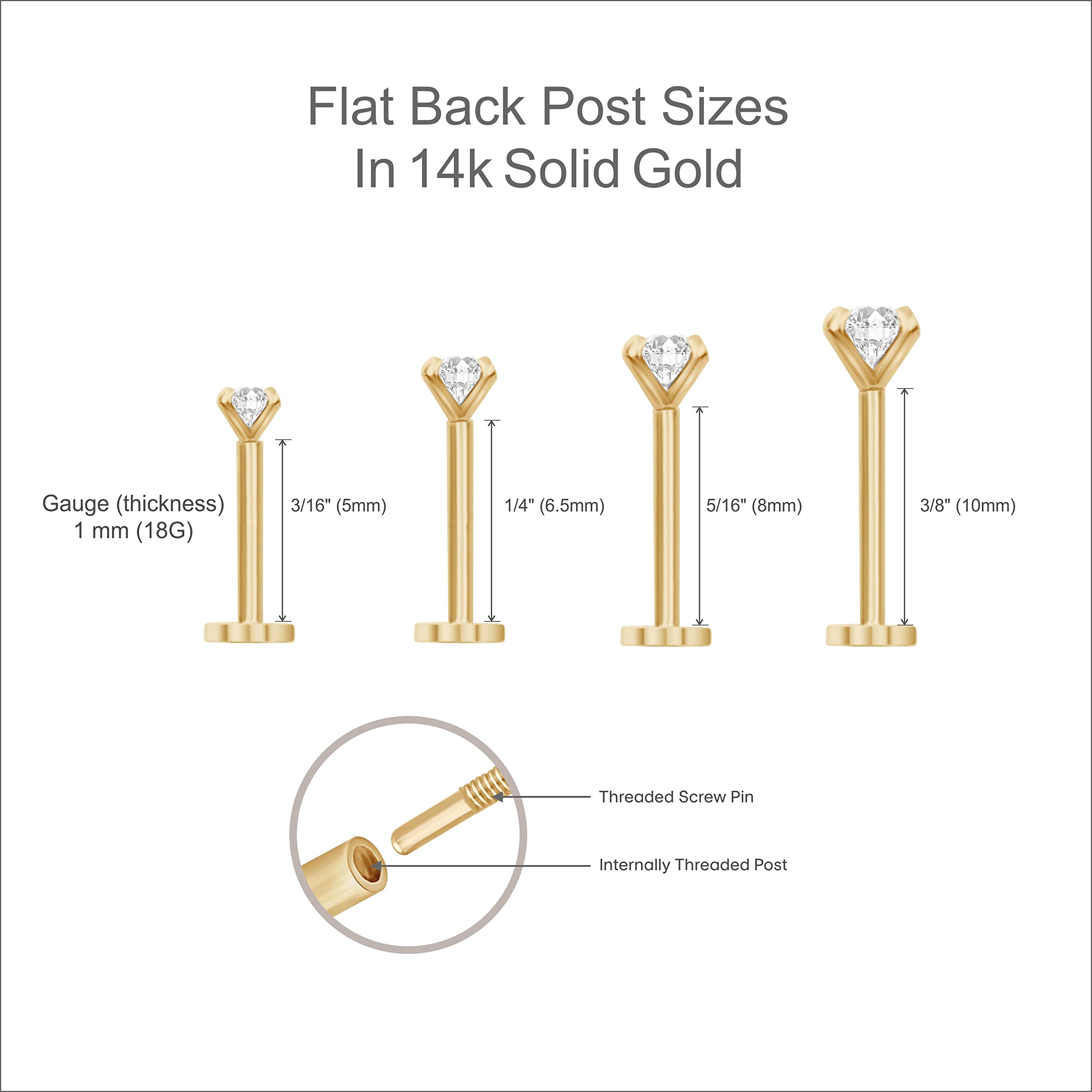14K Solid Yellow Gold Bar Cartilage Stud Earring Lip Tragus Forward Helix Conch Ear Piercings Line Slim Bar Studs Flat Back Labret Internally Threaded Earring Jewelry For Men Women Hypoallergenic (Single Piece)