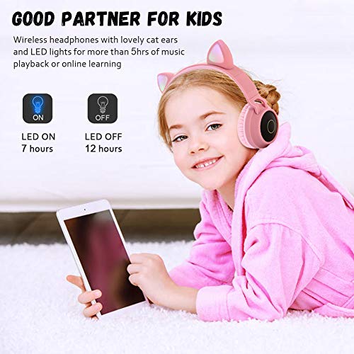 Luckyu Kids Bluetooth 5.0 Cat Ear Headphones Foldable On-Ear Stereo Wireless Headset with Mic LED Light and Volume Control Support FM RadioTF CardAux in Compatible with Smartphones PC Tablet (Red)