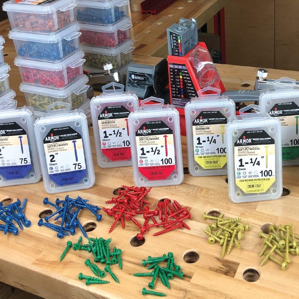 ARMOR TOOL Pocket Hole Screws - 1-1/4" Fine Thread Joinery Screws 100 Pack with Yellow Color Coat & Square Drive - AW-F-125-100