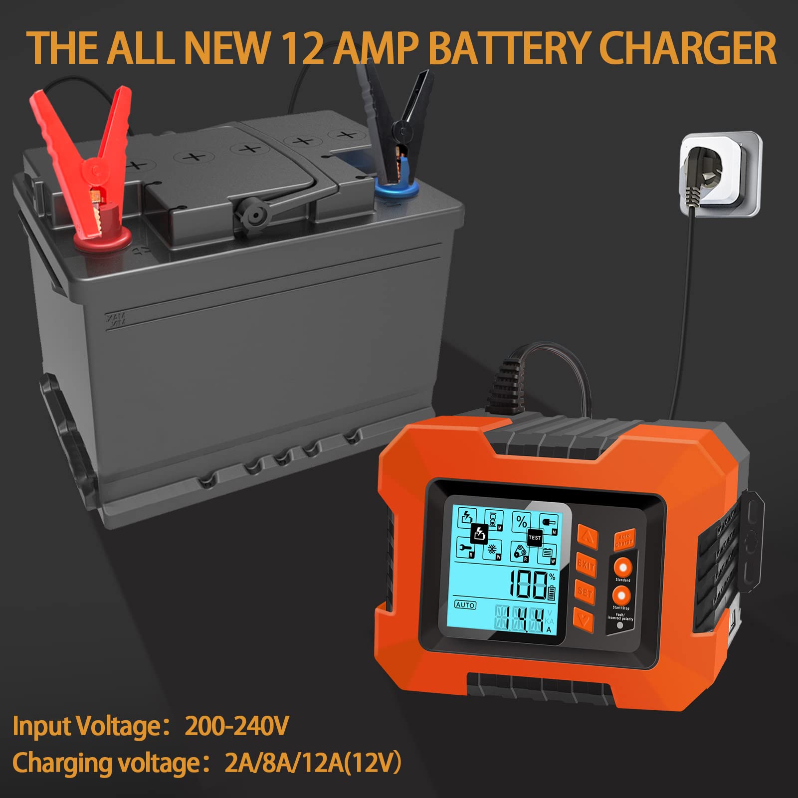 12-Amp Car Battery Charger, 12V Fully Automatic Smart Charger, Battery Maintainer Trickle Charger for Car, Motorcycle, Lawn Mower, Boat Marine
