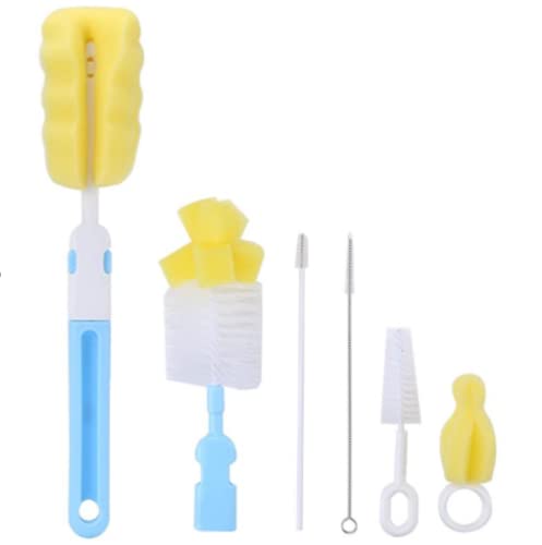 QIXIAN 6Pcs Baby Bottle Brush Nipple Brush Suit Set Flexible Rotating Sponge Head Cleaning Kit (Blue)
