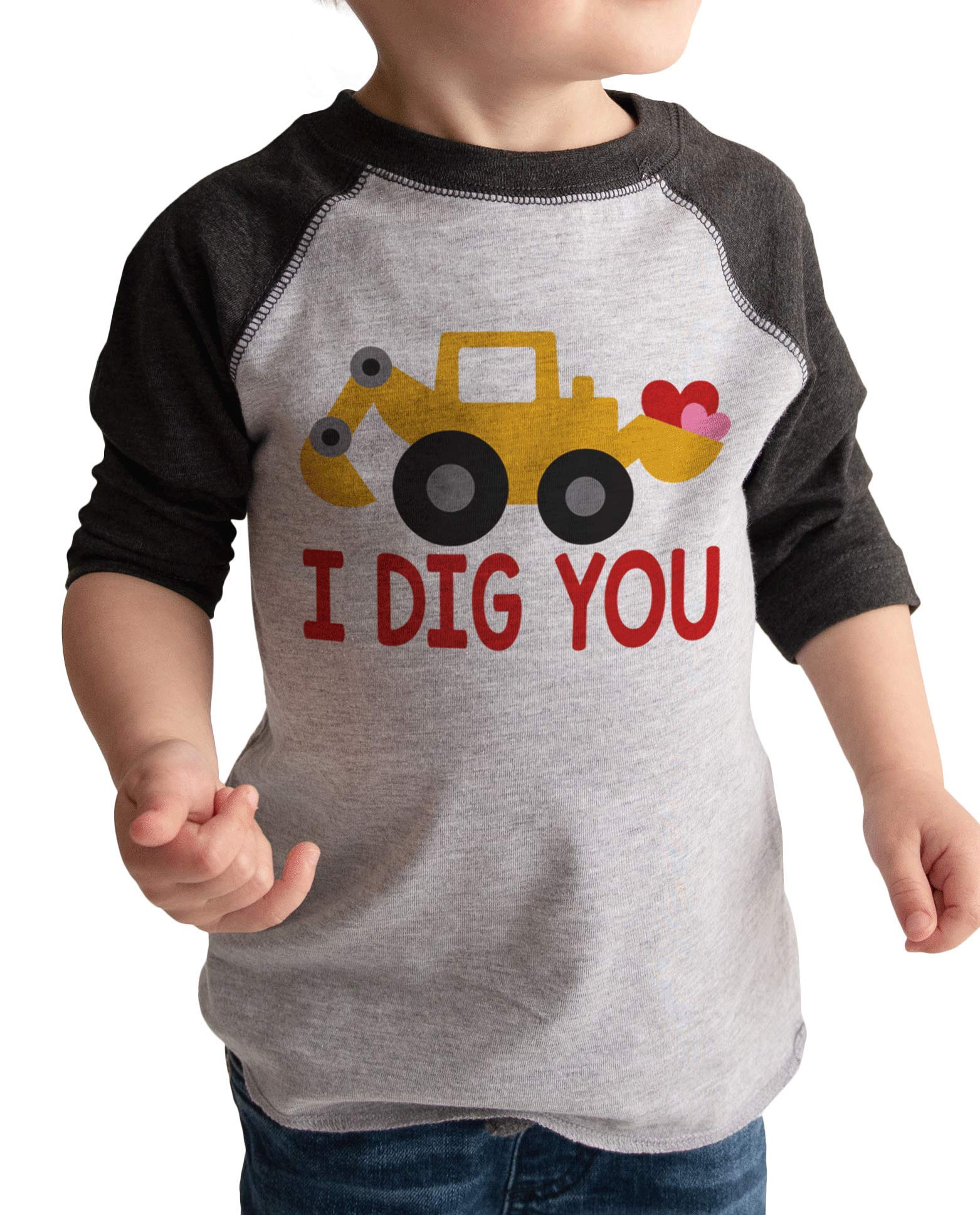 7 ate 9 Apparel Kid's I Dig You Construction Truck Valentine's Day Grey Raglan Shirt 3T