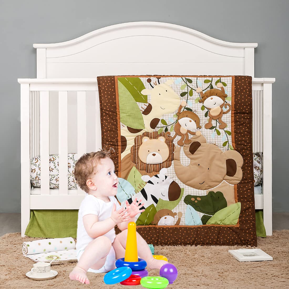 Brandream Jungle Crib Sheets for Baby Boys Toddler Fitted Sheet 100% Cotton Animal Monkey Botanical Print Nursery Bed Sheet Set