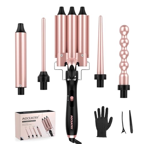 Wand Curling Iron, Curling Wand Set, MOCEMTRY Professional 5 in 1 Hair Curling Hair Iron with Interchangeable Barrels, Instant Heating & Adjustable Temperature, Gift for Women
