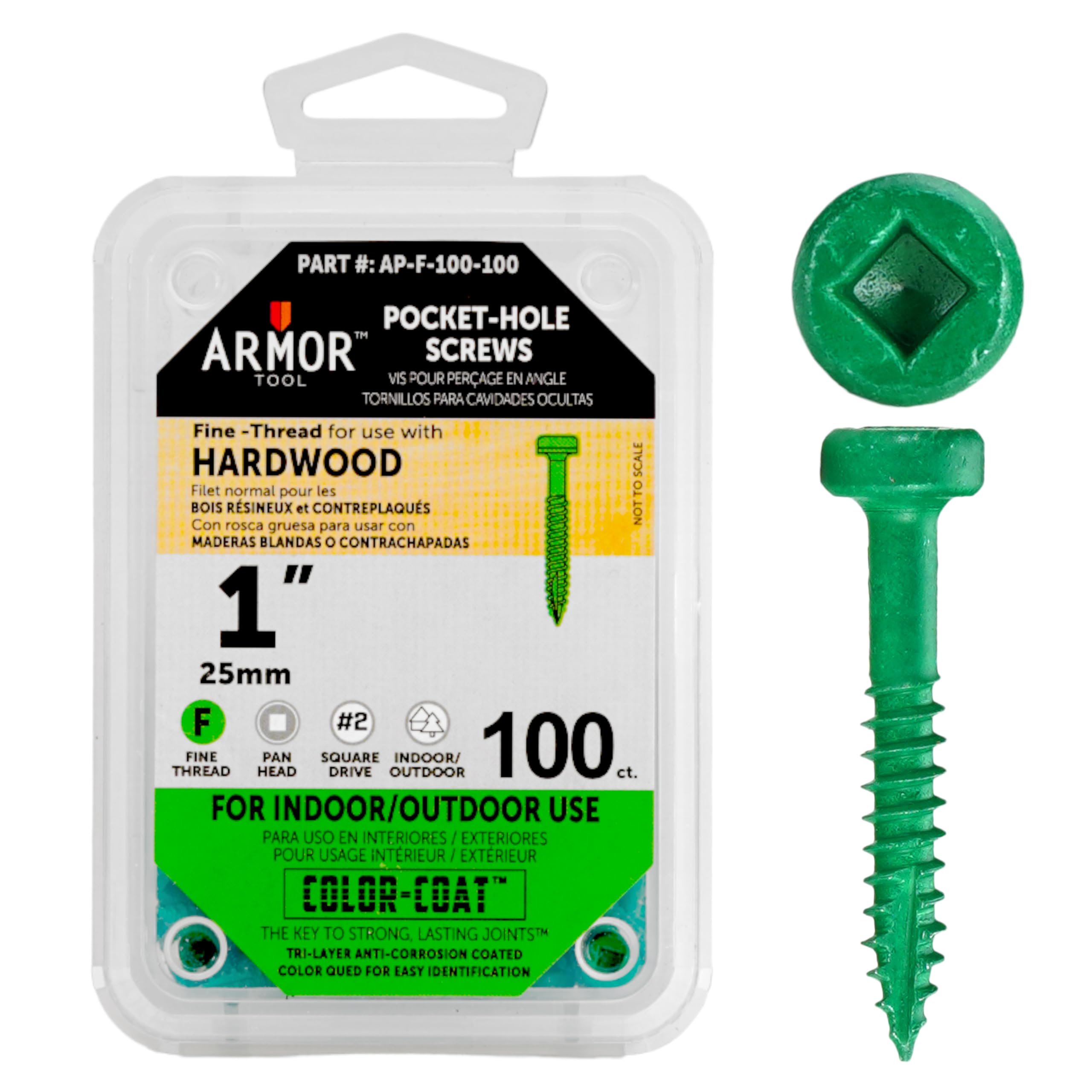ARMOR TOOL Pocket Hole Screws - 1" Fine Thread Screws 100 Piece with Green Color Coat & Square Drive - AP-F-100-100
