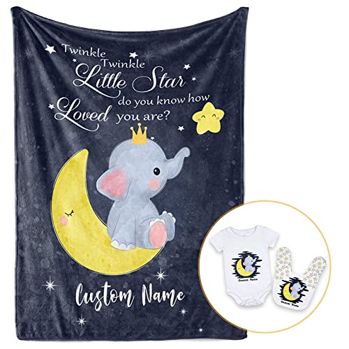 Pavo Personalized Baby Blankets for Boys - Twinkle Twinkle Little Star Elephant Custom Baby Blanket - Includes Bib & Onesie Option - Personalized Baby Gifts for Christmas, Thanksgiving, Shower