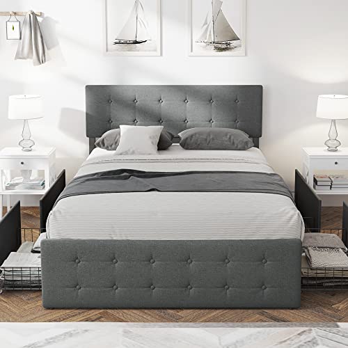 Amyove Full Size Bed Frame with 4 Storage Drawers,Grey Full Size Platform Bed Frame with Adjustable Headboard and Wooden Slats Support,No Box Spring Needed (Full)