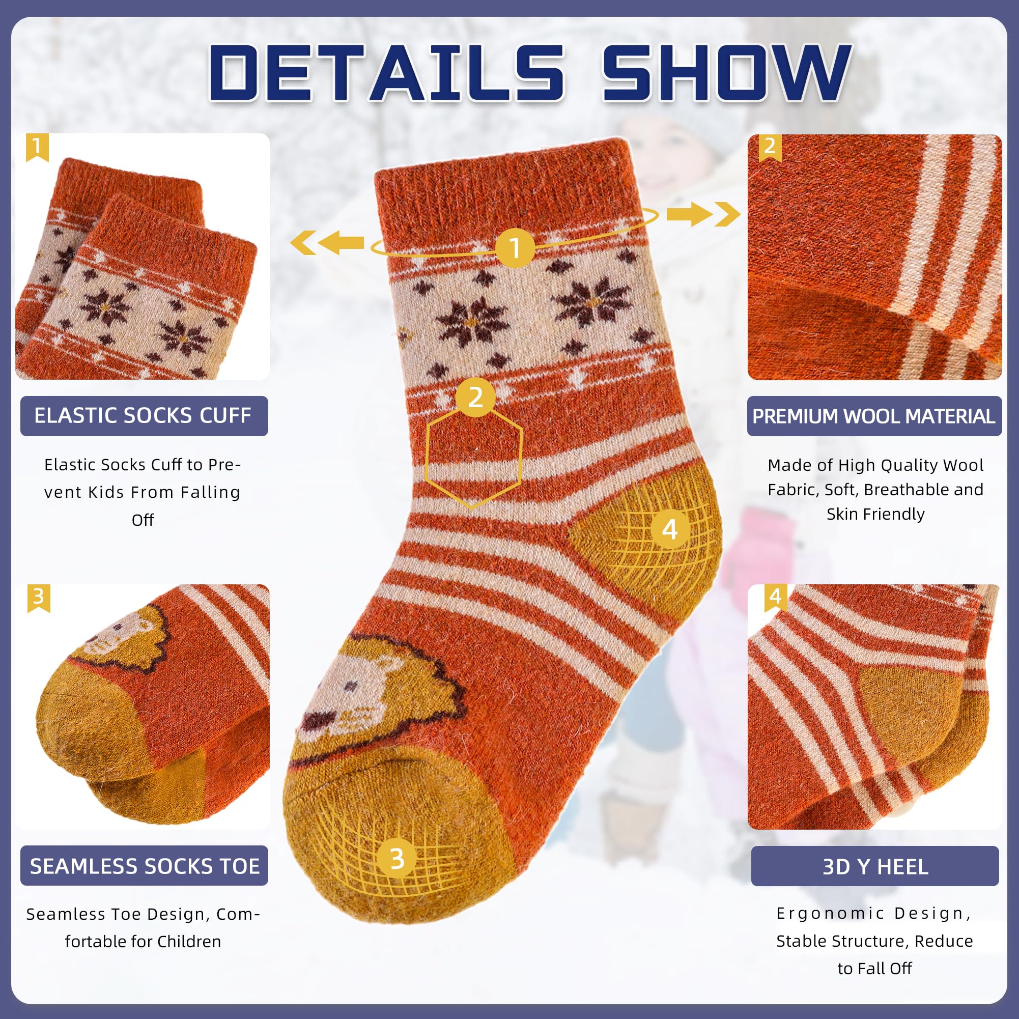 Eocom 6 Pairs Children's Winter Warm Wool Socks Kids Toddlers Boys Girls Thermal Thick Boot Cozy Crew Socks (8-12 Years, Snowflake Animal)