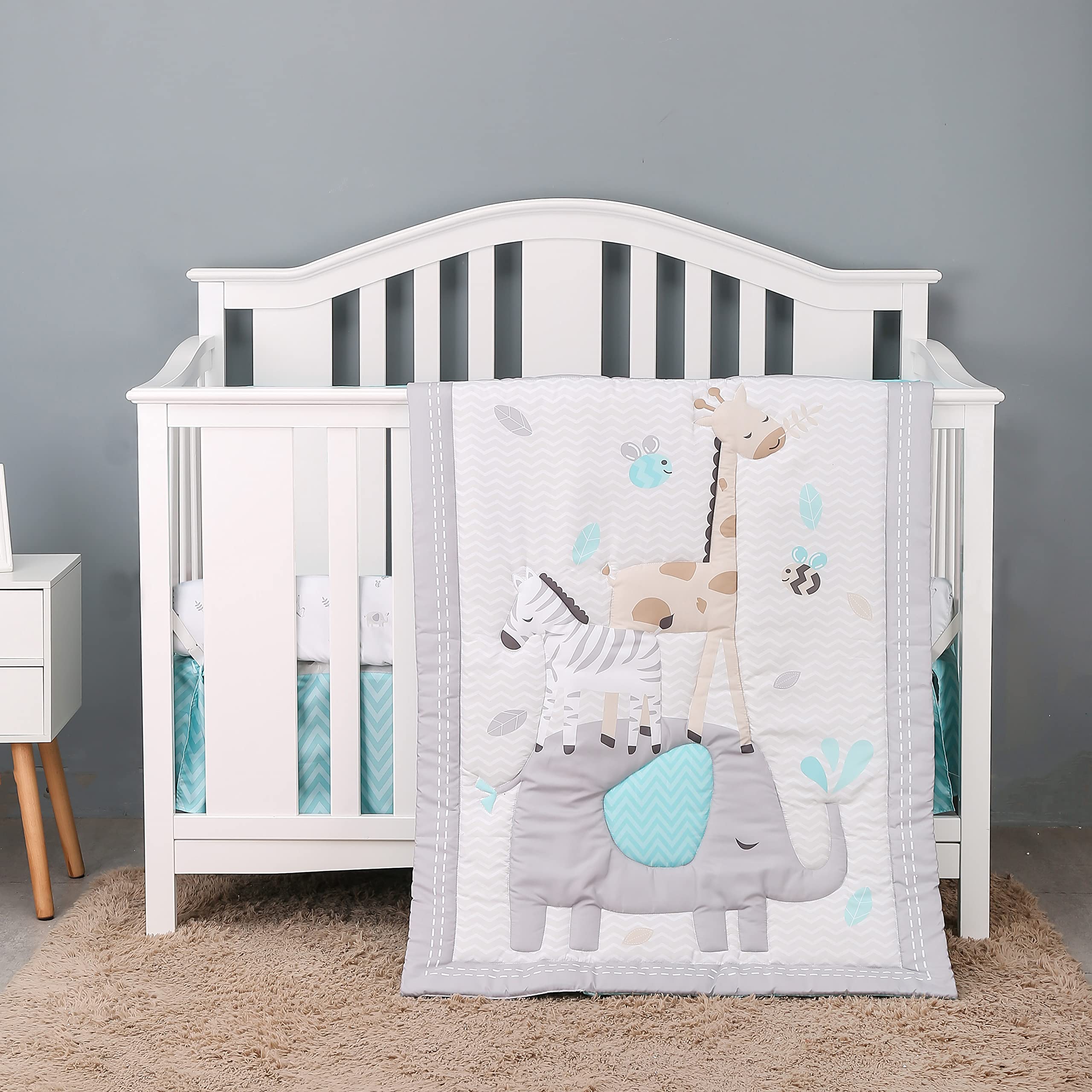 Brandream Safari Bedding Sets for Boys | 3 Piece Nursery Set | Crib Comforter, Fitted Crib Sheet, Crib Skirt Included Elephant Zebra Giraffe, Gray