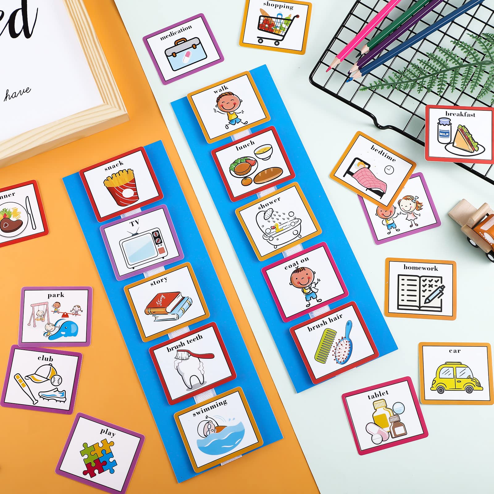 35 Pieces Visual Schedule Cards Routine Cards Home Chore Chart Routine Cards Autism Learning Materials with 35 Pieces Hook and Loop Dots for Kids, Classroom School (Yellow, Cute Style)