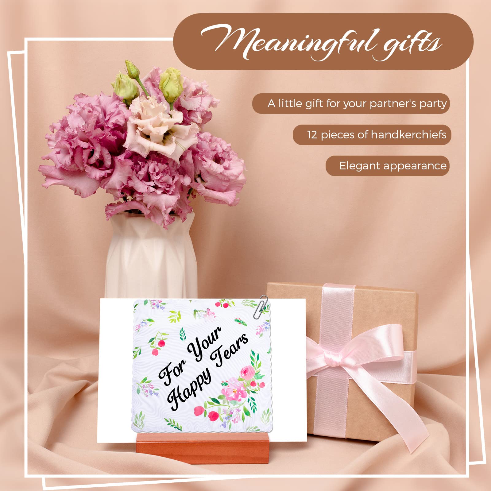 12PCS Wedding Handkerchiefs For Your Happy Tears Wedding Handkerchiefs with Scallop Lace Edges for Bride,Bridal Shower Wedding Day Gift (Fresh Style)