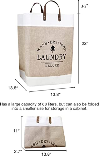 AMZTOP Linen Clothes Hamper Patchwork Collapsible Laundry Basket with Leather Handles for Storage Toys and Clothing in Bedroom, Bathroom Foldable Laundry Hamper 68L