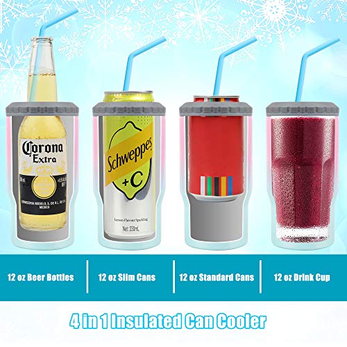 4 in 1 Can Cooler Water Bottle, 12oz Stainless Steel Beer Bottle with Straw Fits Slim Skinny Bottle & Can, Non-Slip | Pink