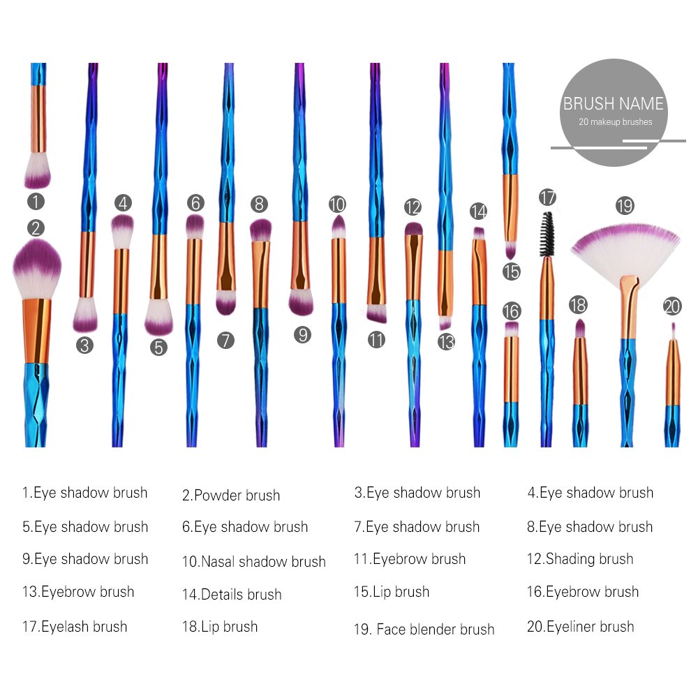 AMIZOB 20pcs Diamond Shape Handle Makeup Brushes Sets for Eye Shadow Eyeliner Foundation Blush Lip Makeup Brushes Powder Liquid Cream (green coffee)