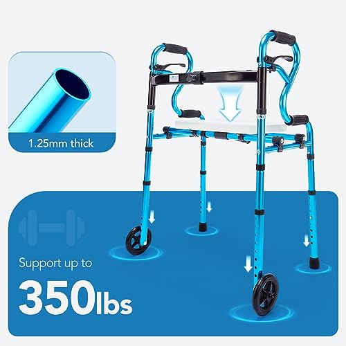 4 in 1 Folding Walker with Detachable Seat by Health Line Massage Products, Width Adjustable Folding Walkers with 5β Wheels and Extra 2 Skis, Compact Adults Walker for Seniors Support Up to 350lbs