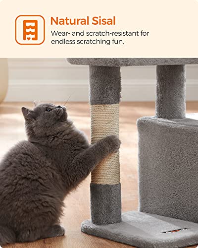 Feandrea Cat Tree, Small Cat Tower with Padded Perch, Cat Cave, 3 Pompoms, Cat Activity Center, Light Gray UPCT121W01