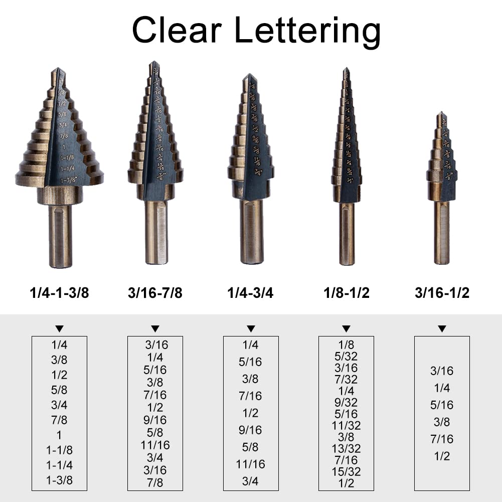 5 Pcs Step Drill Bits Set, Multiple Hole 50 High Steel Sizes Step Drill Bit Tool Set W/Aluminum Case