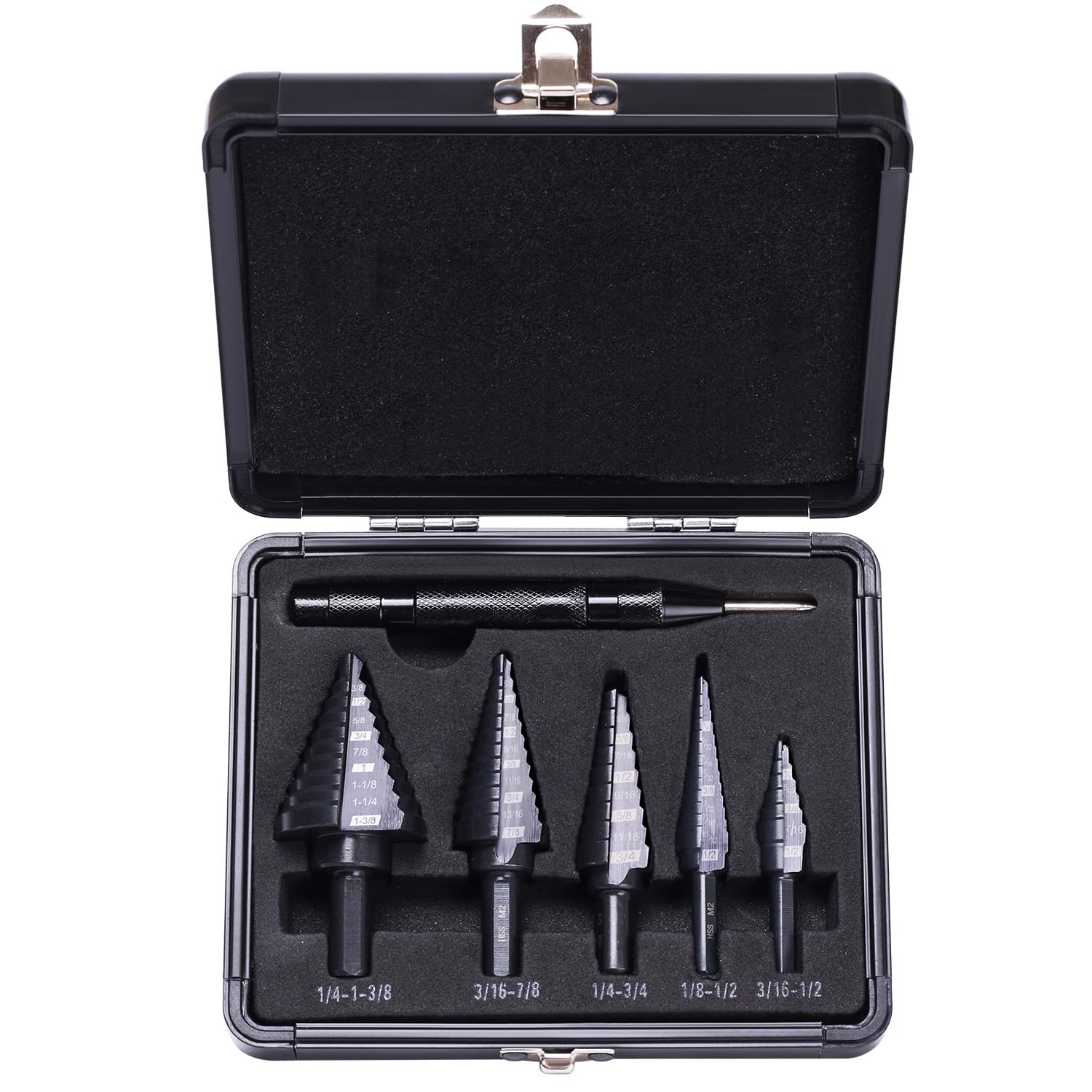 Lichamp Step Drill Bit Set for Metal Sheet Heavy Duty, 5-Piece Premium M2 HSS Step Up Down Drill Bits Stepper Unibit for Steel Hole, 50 Sizes from 1/8 to 1-3/8 inches