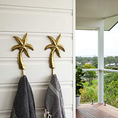 Coastiva Brass Palm Tree Decorative Wall Hook, Coastal Home Decor for Towel Holder in Bathroom, Wall Mounted Nautical Style Hooks for Hanging Coat, Robe, Bag, Towels, Hat, Purse and Key