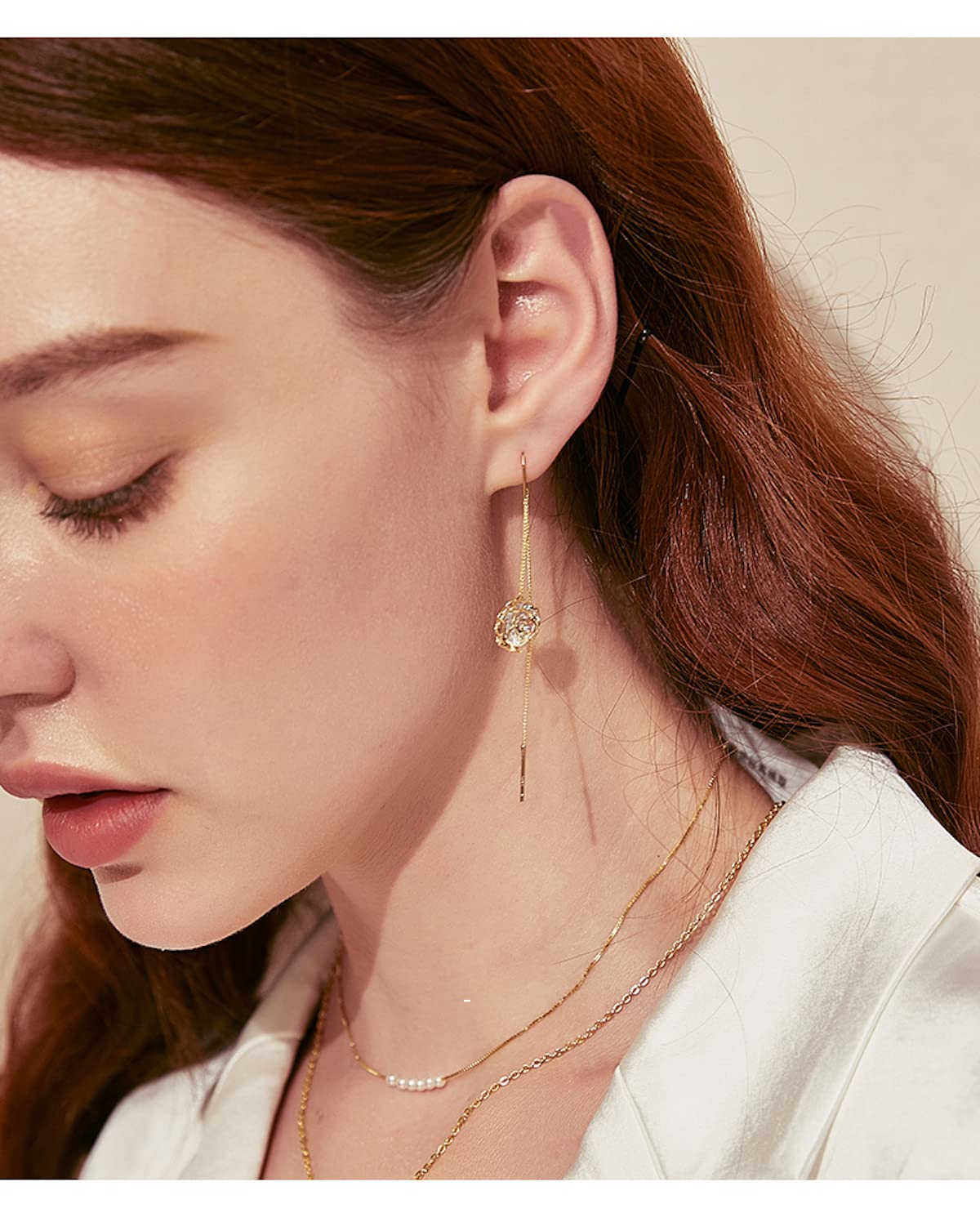 14K Gold Rose Flower Dangle Earring For Women Tassel Threading Long Chain Earrings For Women Drop Earrings For Bridesmaid