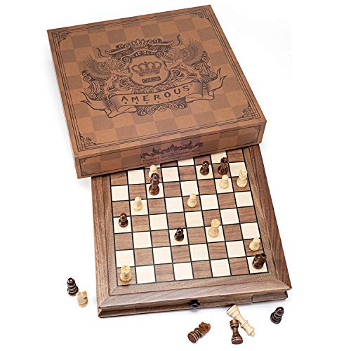 AMEROUS Magnetic Wooden Chess Set, 12.8" x 12.8" Chess Board Game with 2 Built-in Storage Drawers - 2 Bonus Extra Queens - Chess for Beginner, Kids and Adults, Gift Packaging