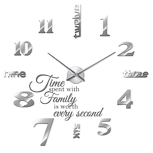 3D Wall Clock Frameless DIY Wall Clock, Big Clock with Quote Sticker for Living Room, Modern Decor for Home Bedroom Office Wall Decorations, Adjustable Size Max 47 Inch (Silver)