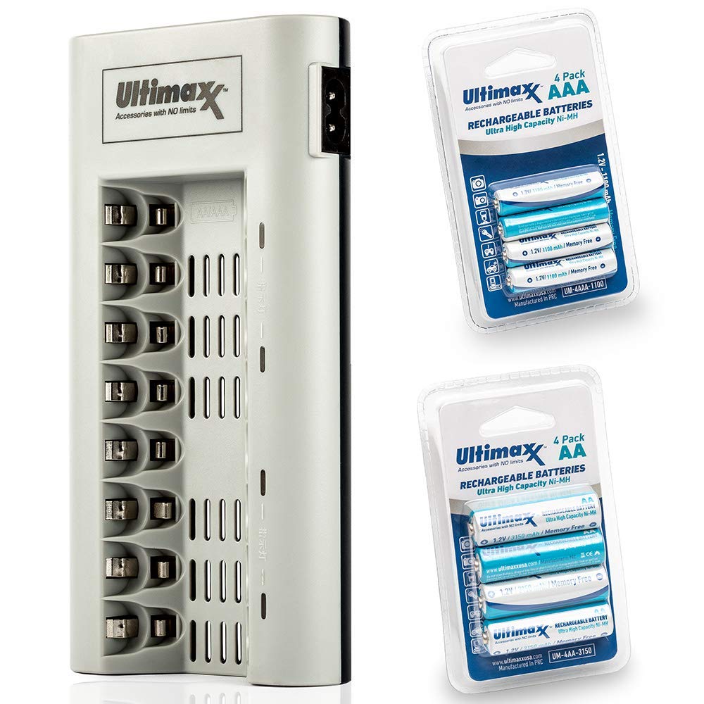 Ultimaxx Charger with Batteries – 8 Port Battery Charger with 4 AA Batteries 3150mAh and 4 AAA Batteries 1100mAh Memory Free- Rechargeable, Ni-MH, Durable & Long-Lasting Batteries
