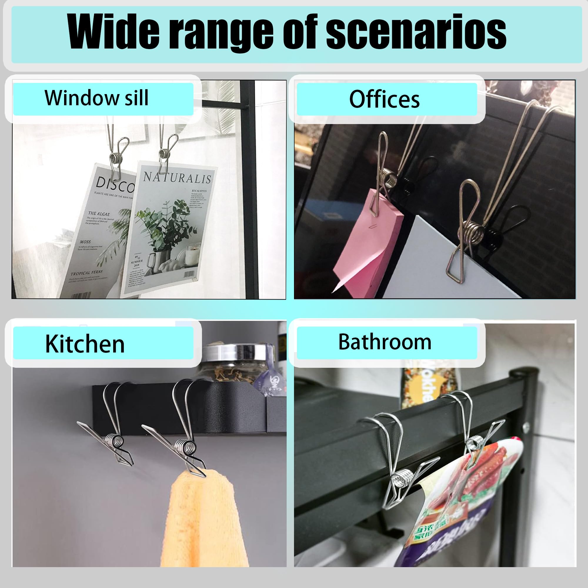 24Pcs Stainless Steel Metal Long Tail Clip with Hooks,Clips for Hanging- Ideal for Closet, Kitchen, Bathroom - Hang Photos, Cards, Stockings - Rust-304 Stainless Steel Clothes Pins