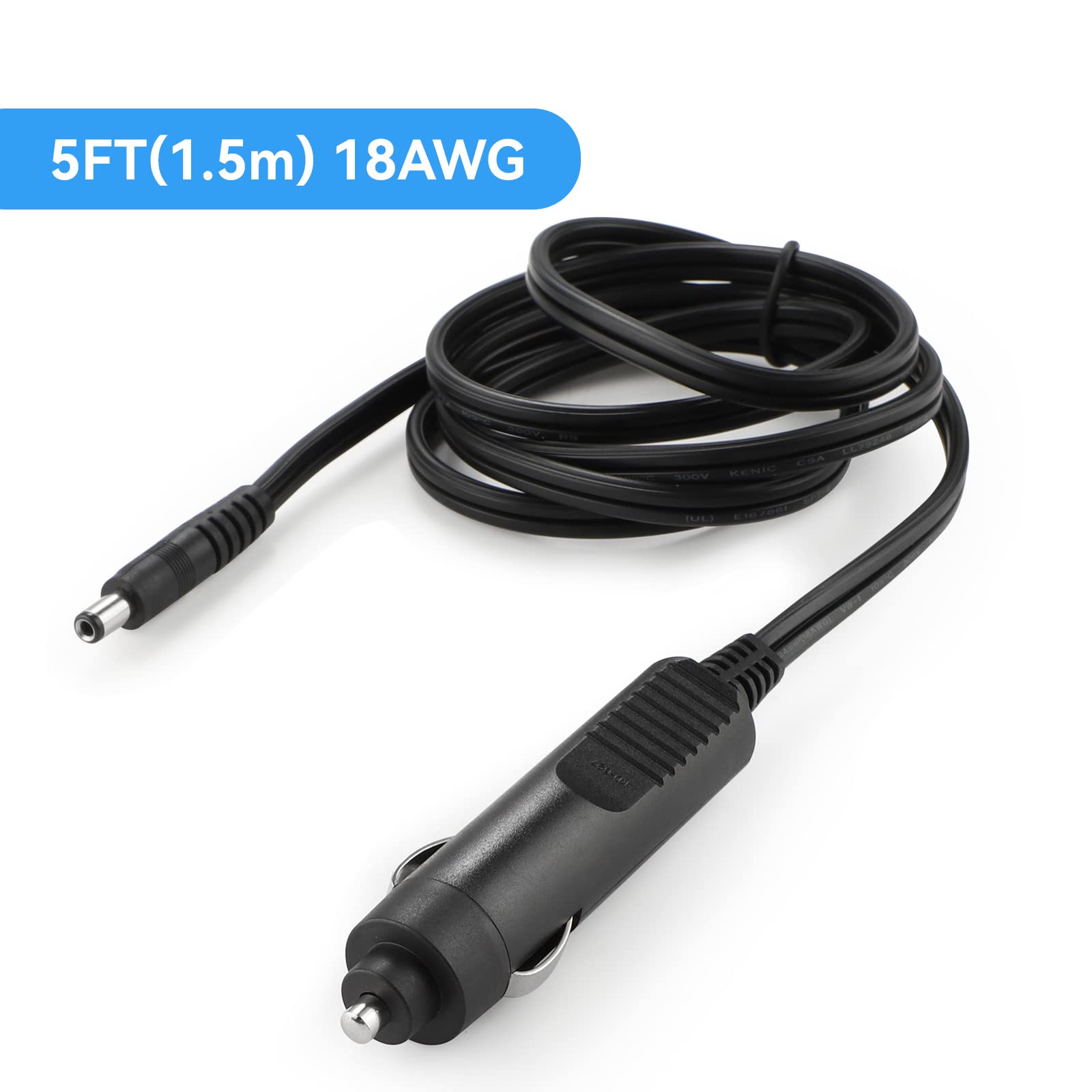 12V car Charger 5A - 18AWG dc in 12v Power Cord 5.5x2.1mm to Cigarette Lighter with 8 Connector for Massage Back Cushion,DVD Player, GPS, Bluetooth Speakers 5FTCable Black