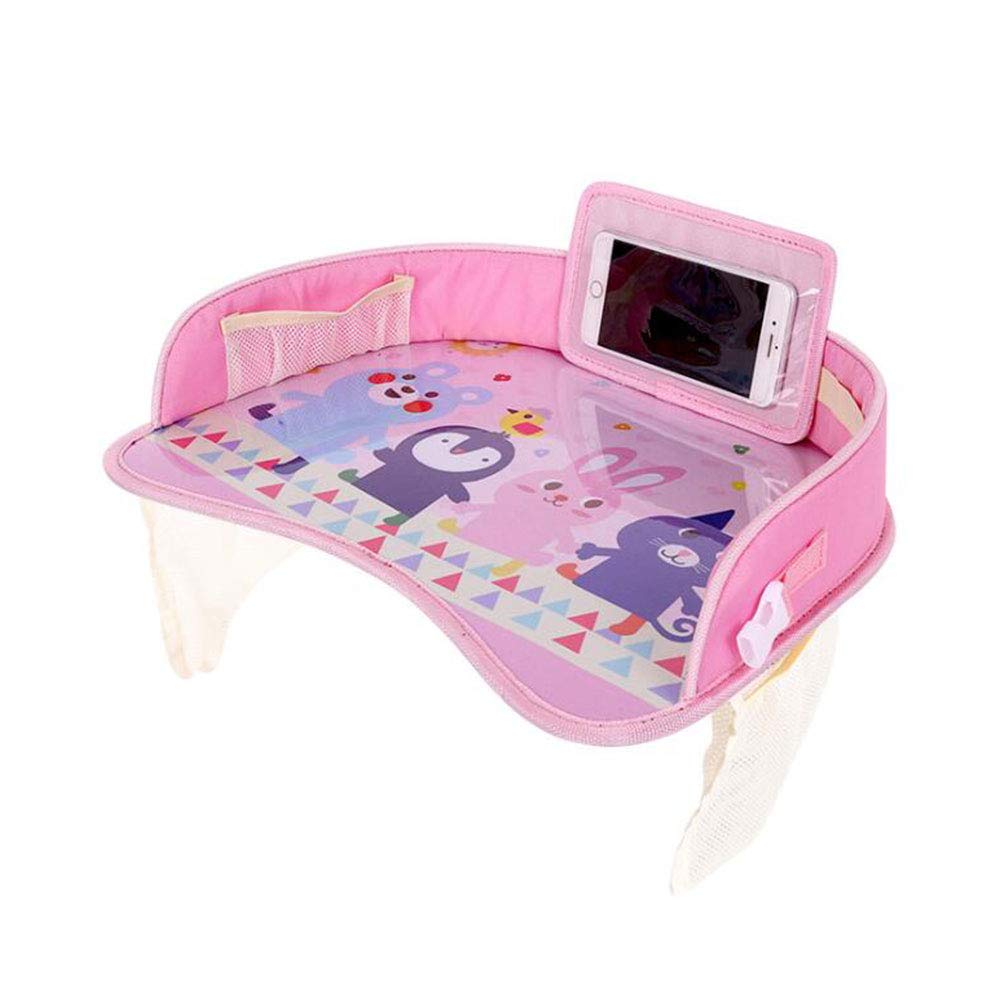 Kids Travel Tray for Toddler Car Seat, Toddler Car Seat Tray Organizer with Sturdy Play Table and Phone Holder, Road Design Enables Snack Play, Pink
