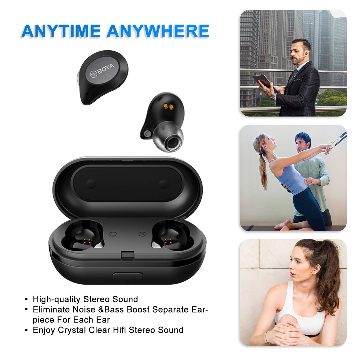 BOYA Wireless Bluetooth Earbuds Touch Control in-Ear Headphones IP44 Sweatproof Hi-Fi Stereo Earphones Dual Connect Headsets with Charging Case & Duration Playtime Built-in Mic for Phone Calls Music