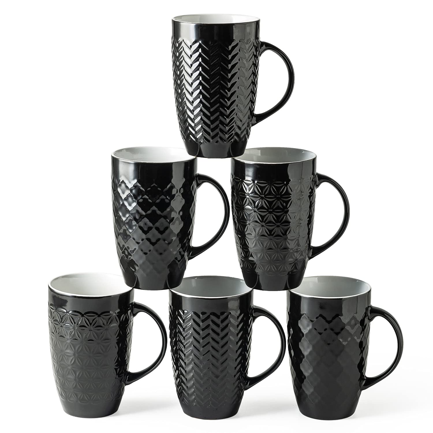 AmorArc Large Coffee Mugs Set of 6, 22oz Ceramic Tall Coffee Mugs Set with Textured Geometric Patterns for Latte/Tea/Beer/Hot Cocoa, Dishwasher & Microwave Safe, Black