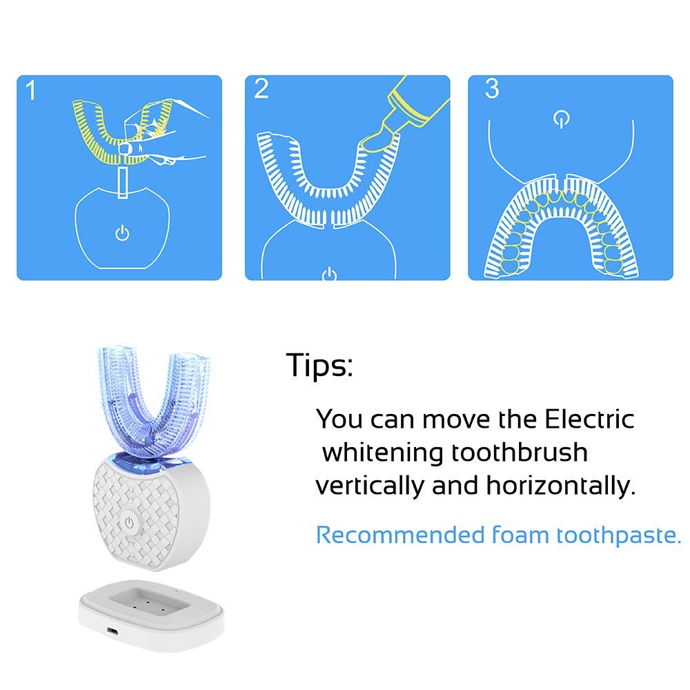Electric Ultrasonic Toothbrush,360 Automatic Toothbrush,360 Sonic Electric Toothbrush,U Shape Automatic Toothbrush Home Travle use (White) (White)