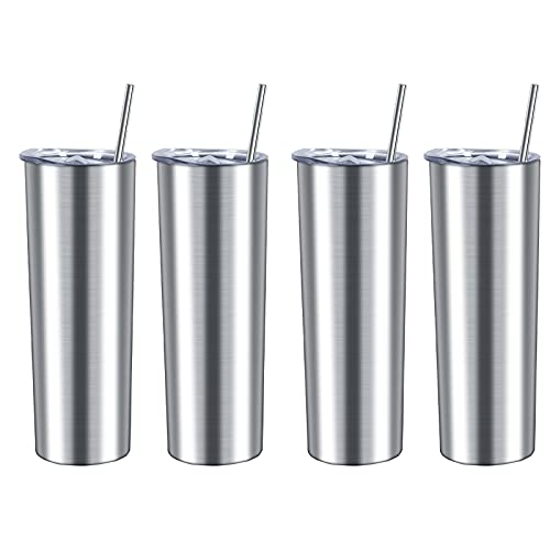 Cosictic 20 Oz Skinny Tumbler Set of 4, Slim Insulated Stainless Steel Travel Tumbler with Lid and Straw, Skinny Water Tumbler for Diy Birthday Gift, Silver