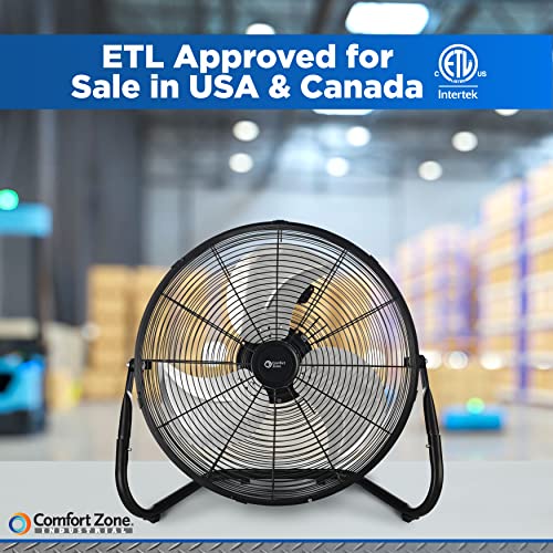 Comfort Zone CZHV18BK 18” 3-Speed High-Velocity Cradle/Floor Fan with 180-Degree Adjustable Tilt, Convenient Carry Handle, and Rubber Feet for Stability, Black