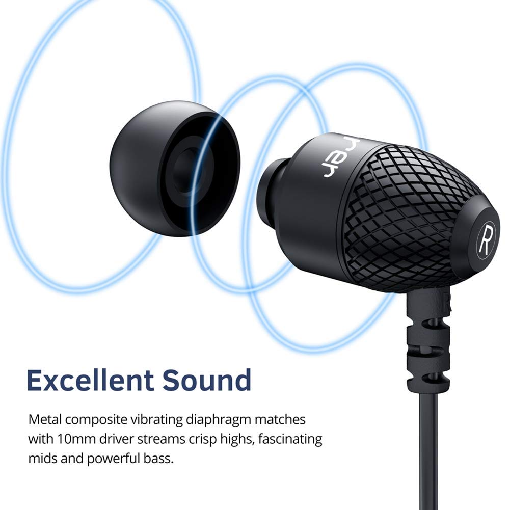 Adorer Wired Earphones, EM10 Powerful Bass in Ear Headphones with Microphone and Volume Control, Noise Isolating Earphones - Black