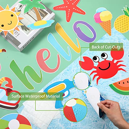 46 Pcs Hello Summer Cutouts Summer Bulletin Board Set Hawaii Ice Cream Watermelon Palm Tree DIY Paper Cutouts Wall Decals Beach Party Decorations for Classroom Kindergarten Party Supplies