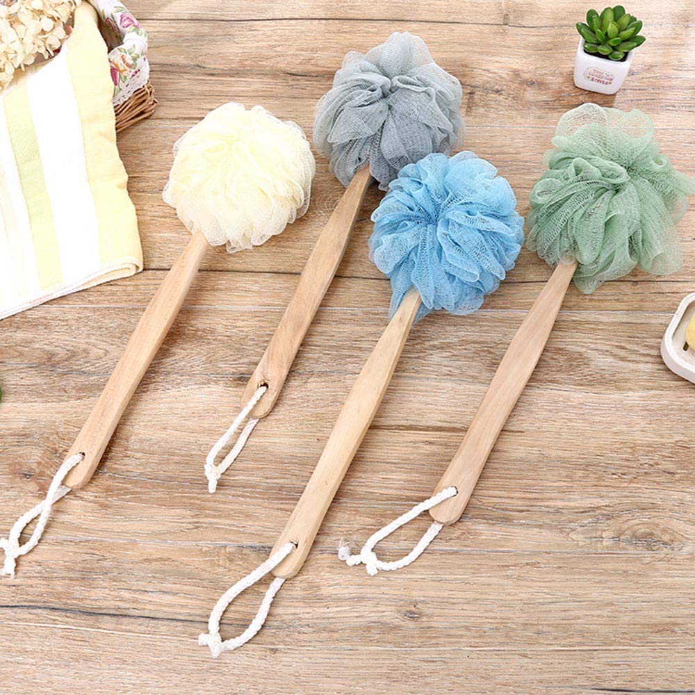 Arswin Loofah Back Scrubber for Shower,Wooden Handle Bath Sponge Lufa Shower Brush, Soft Nylon Mesh Back Cleaner Washer, Body Brush for Women&Kids Bathroom Shower Accessories (Blue)