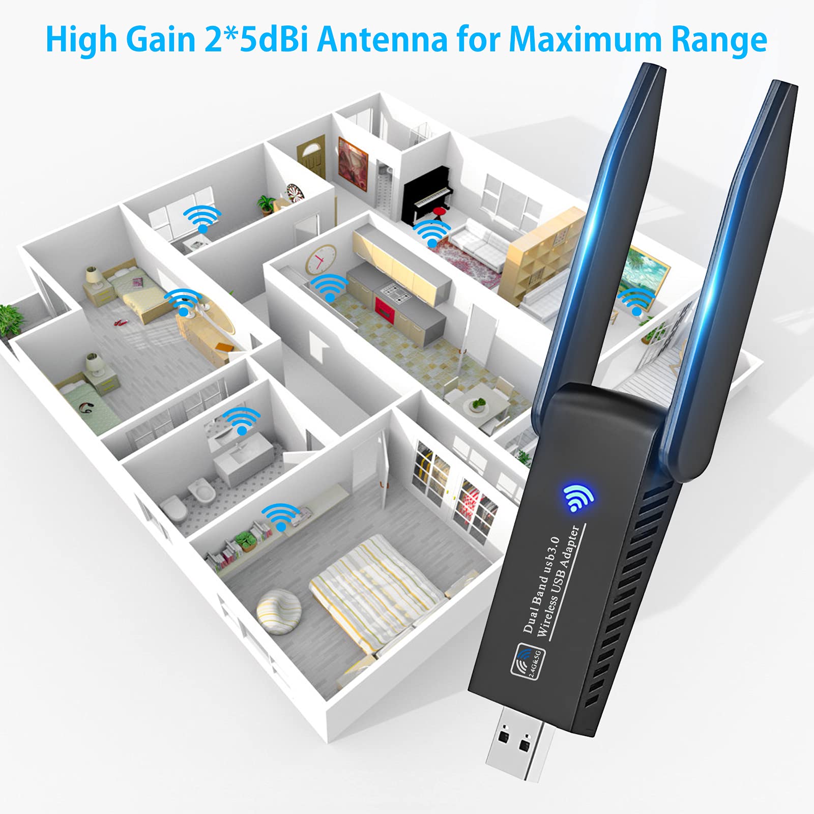 USB WiFi Adapter, Aigital 1300Mbps Dual Band Wi-Fi Dongle, USB 3.0 MU-MIMO Wireless Network Adapter with Antennas for Desktop PC Laptop, Compatible with Windows 11/10/8/7/Vista/XP & Mac OS X 10~11